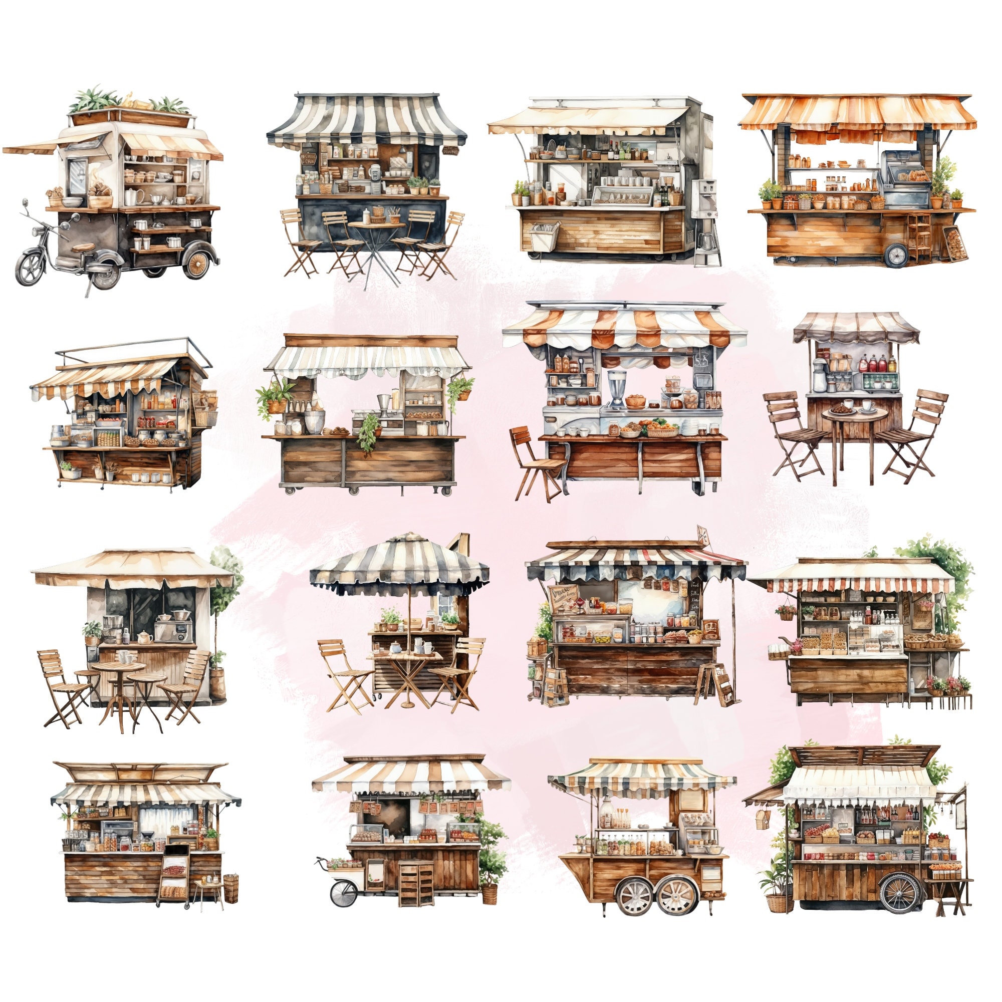Mobile Coffee and Bread Shop,clipart,cartoon,watercolor,cofffe Stall,digital Download,retro ...