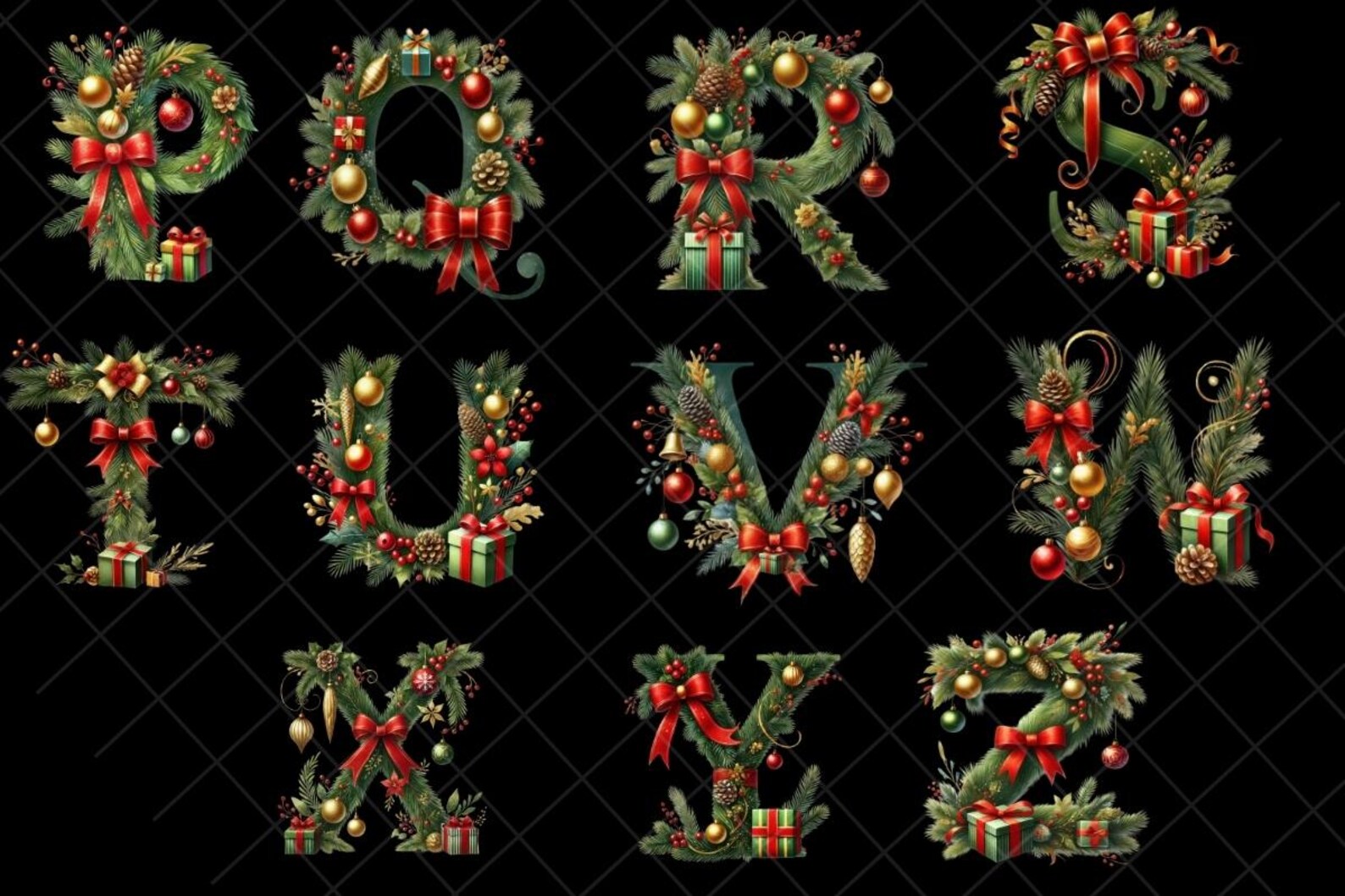 Christmas Pine Alphabet, Holiday Alphabet Clipart, Festive Letter ...