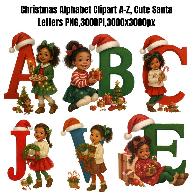 Christmas Alphabet Clipart: Santa Girl Letters, Holiday Font (PNG ...