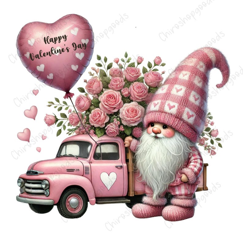 Valentine Gnome Truck Clipart, Watercolor PNG, Vintage Truck With Gnome ...