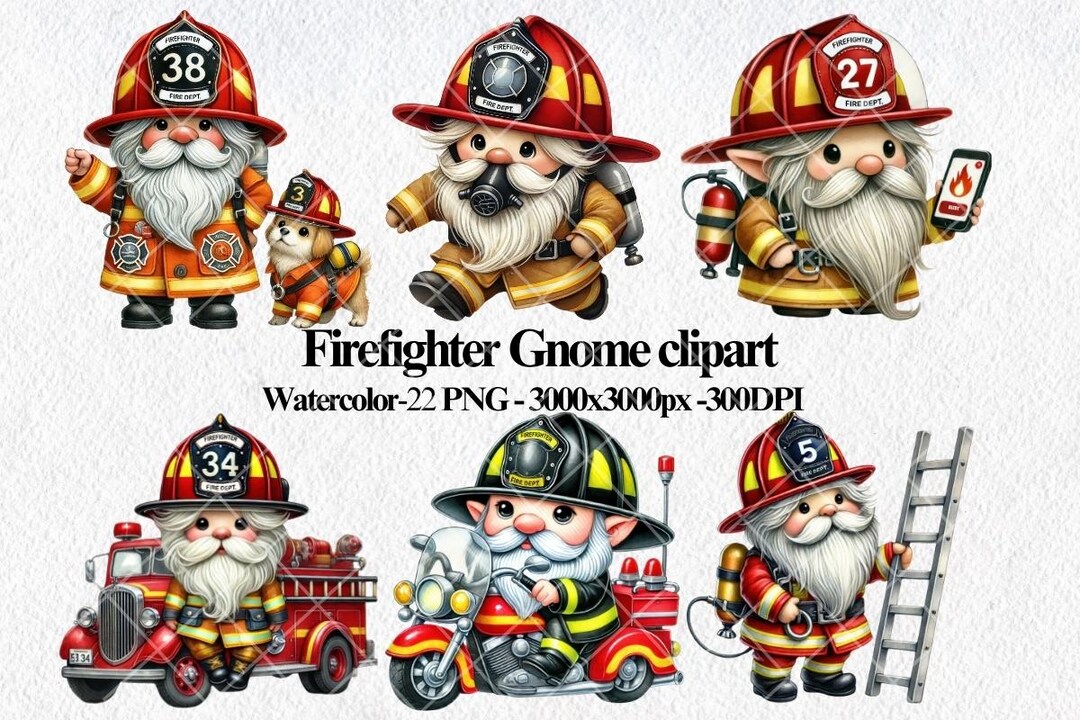 Firefighter Gnome Clipart, Cute Fireman Gnome, Watercolor Firefighter ...