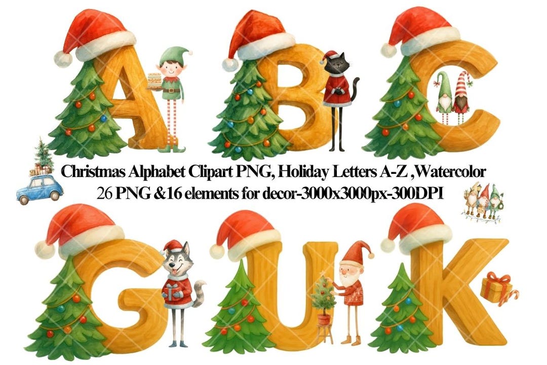 Christmas Alphabet Clipart: Santa Hat Letters, Elf Graphics (digital ...