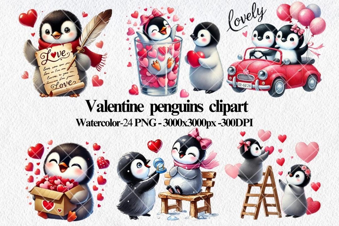 Valentine Day, Valentine Penguin Clipart, Watercolor PNG, Love, Cute ...