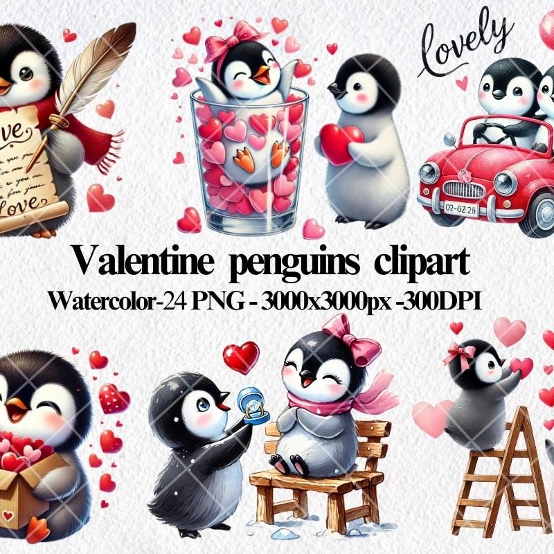 Valentine Penguin Clipart - Etsy