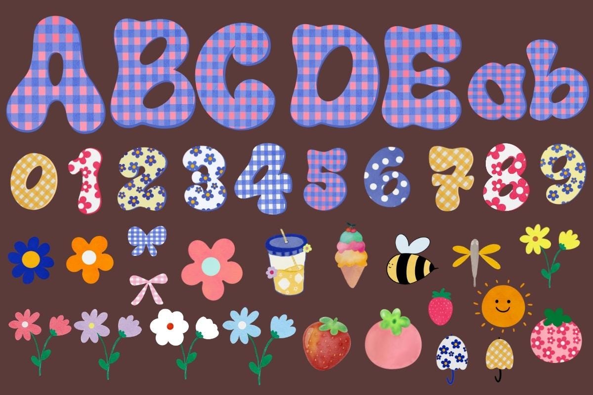 Cute Alphabet Clipart PNG Bundle for Kids Crafts, Floral Gingham ...