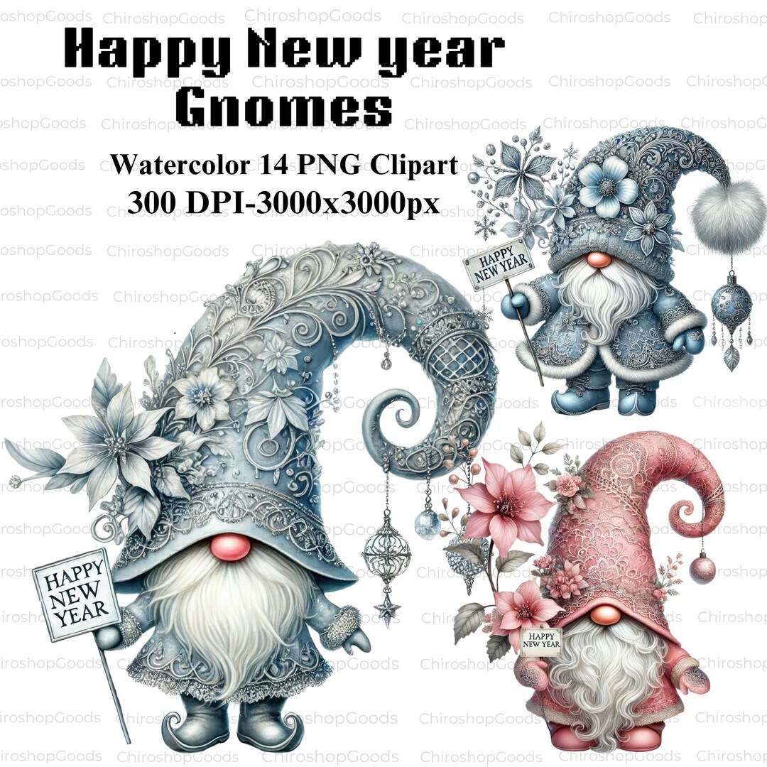Happy New Year, Gnome Clipart, Watercolor, Festive Gnome, New Year ...