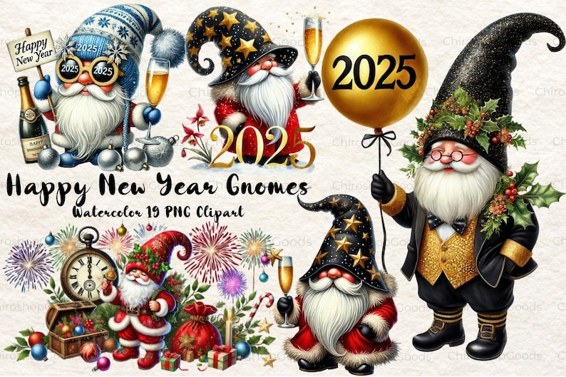 Happy New Year Gnomes Clipart, New Year, Watercolor PNG Images, Festive ...
