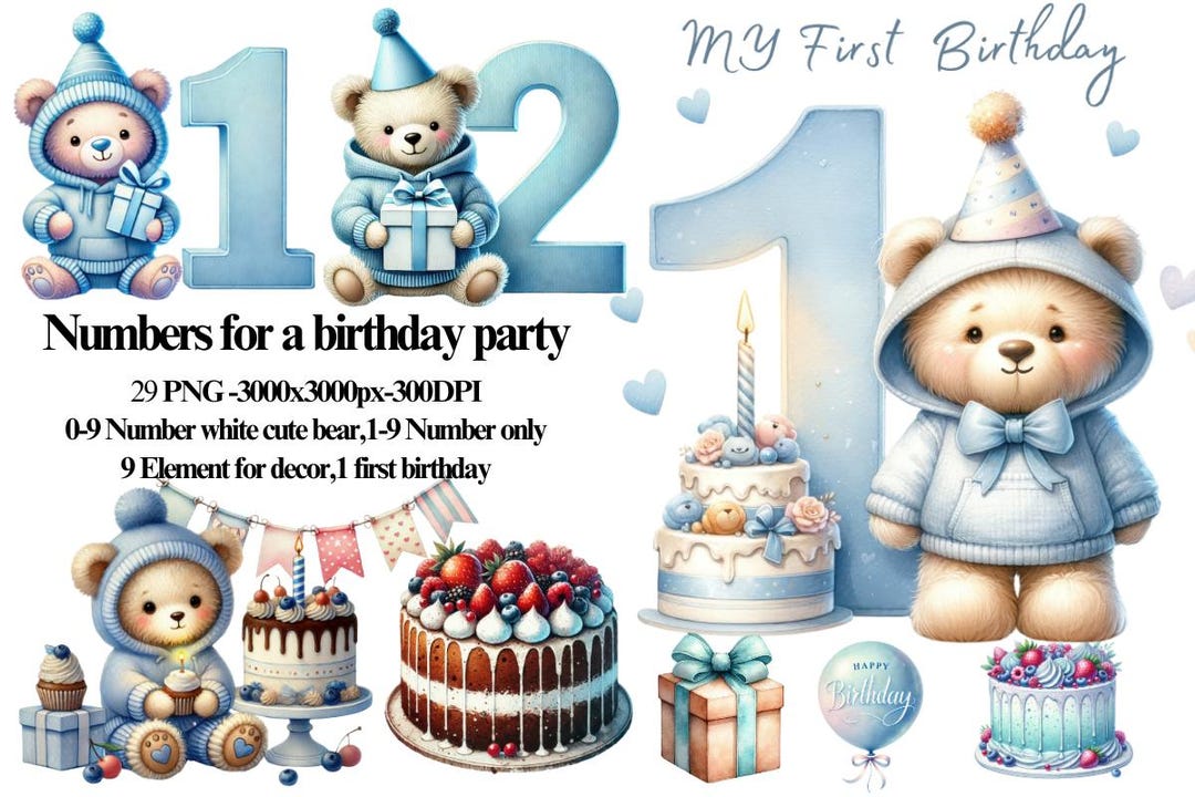 Teddy Bear Birthday Numbers Clipart: Blue Watercolor PNG (digital ...