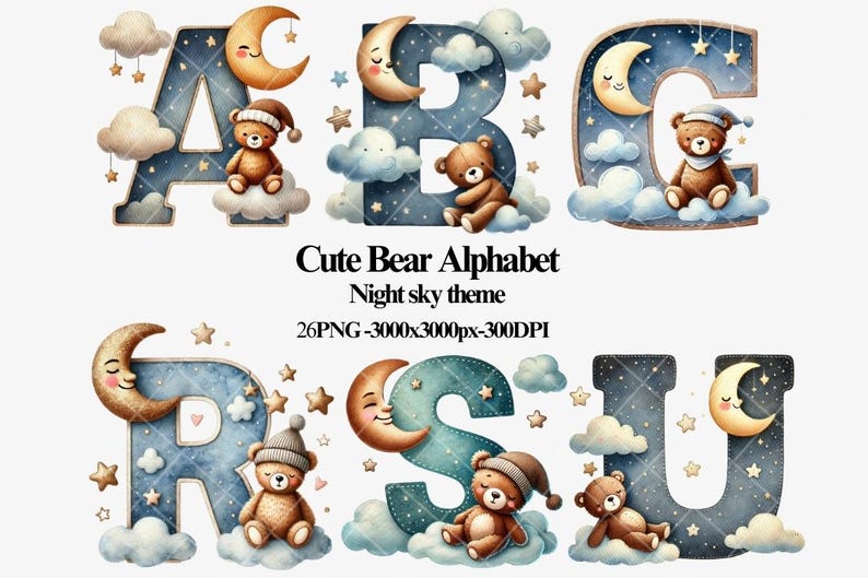 Cute Bear Alphabet Clipart Night Sky Theme, 26 PNG Letters Digital ...