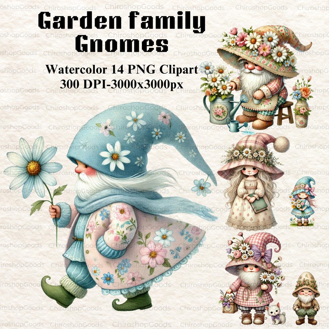 Garden Family Gnome, Gnome Clipart, Watercolor, Flowers, Cute Spring ...