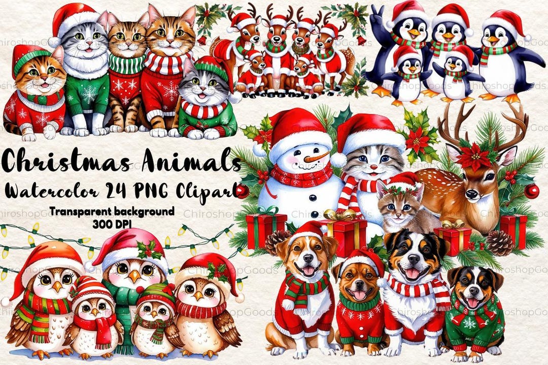 Christmas Animals Watercolor Clipart: Festive Holiday PNG (digital ...
