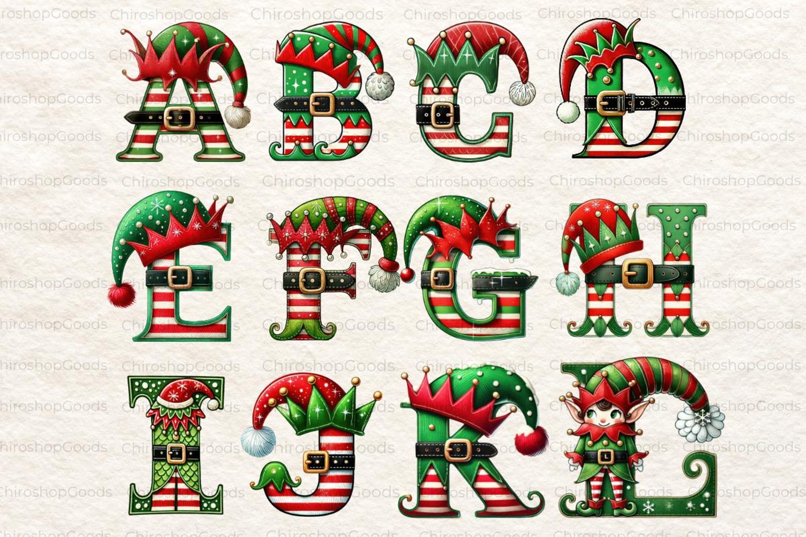 Christmas Elf Alphabet Clipart: Watercolor Festive Letters (digital ...