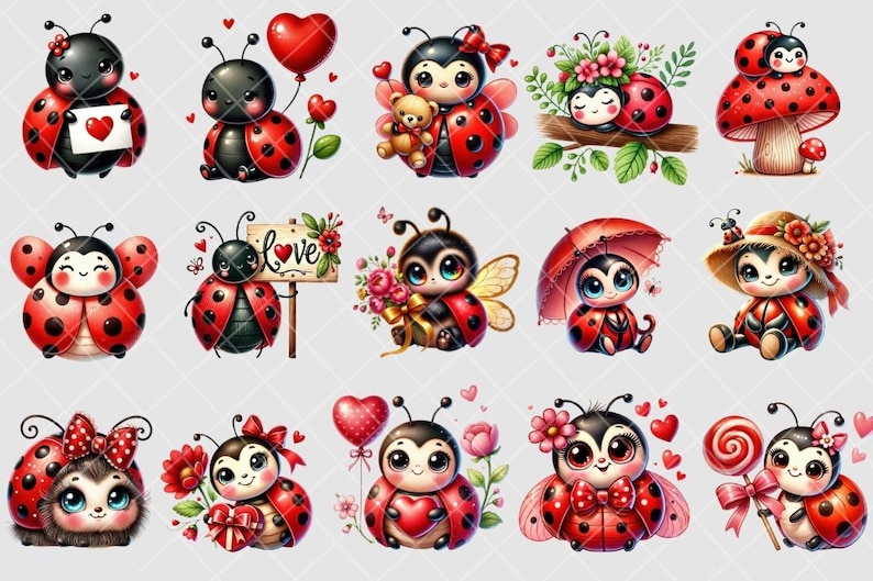 Valentine Ladybug Clipart Set, Cute Bug Illustrations (digital Download ...