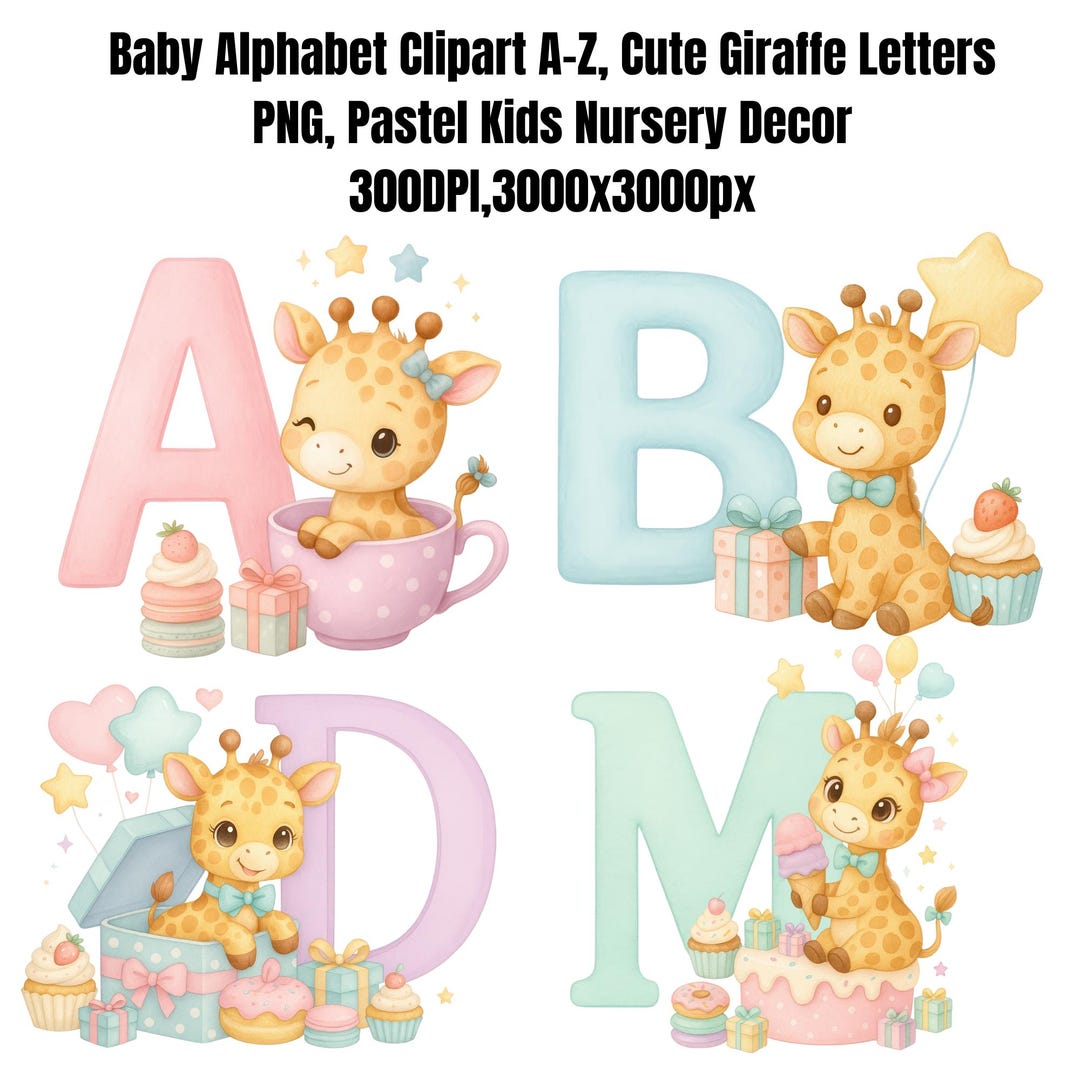 Giraffe Alphabet Clipart A-Z: Pastel Nursery Decor (digital Download ...