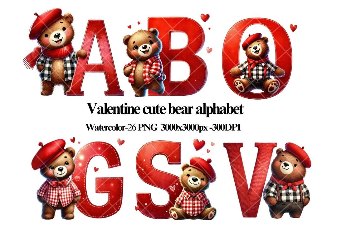 Valentine Cute Bear Alphabet PNG, Watercolor Bear Letters Clipart, Red ...
