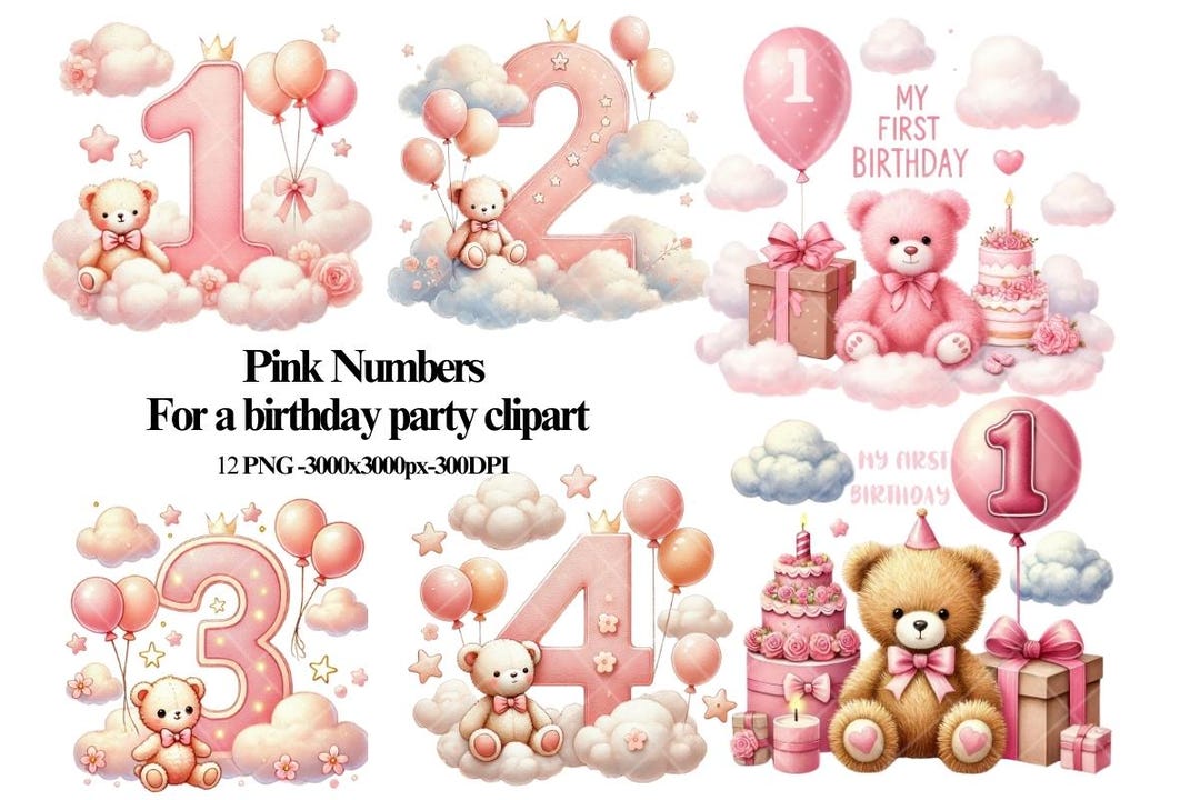 Pink Teddy Bear Birthday Numbers Clipart: Baby Girl Party (digital ...