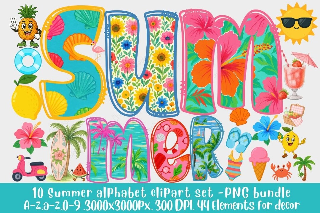 Summer Alphabet Clipart Set: Tropical Letters & Numbers (PNG Bundle) - Etsy