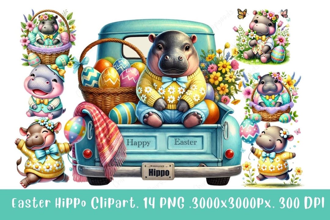 Easter Hippo Clipart Bundle With 14 Cute PNG Images, Easter Day, Spring ...