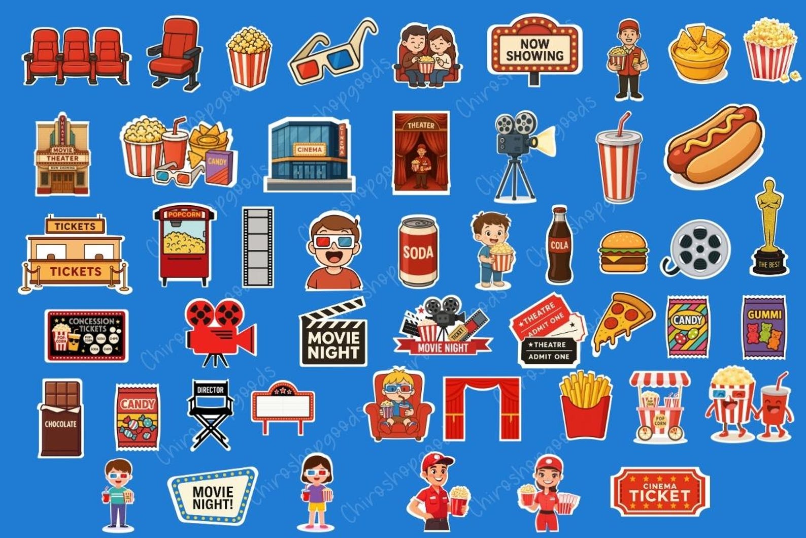 Movie Theater Digital Stickers Bundle for Movie Night Crafts, 49 Fun ...
