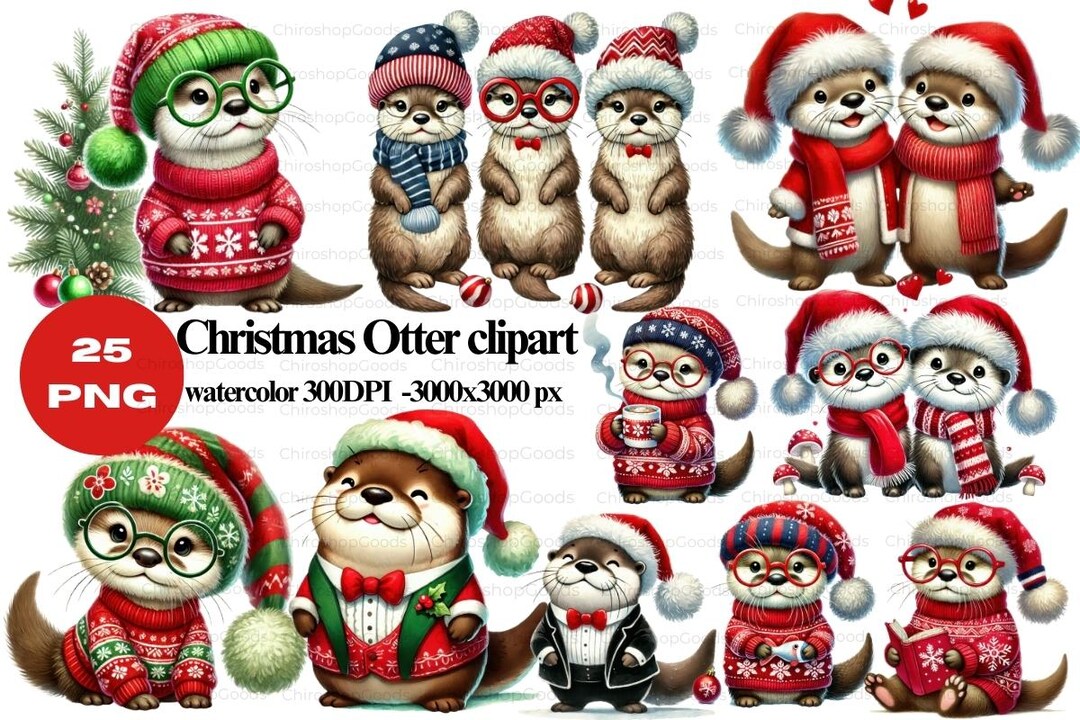 Weihnachts Otter Aquarell Clipart: Urlaub Tier Designs (25 PNG-Dateien ...