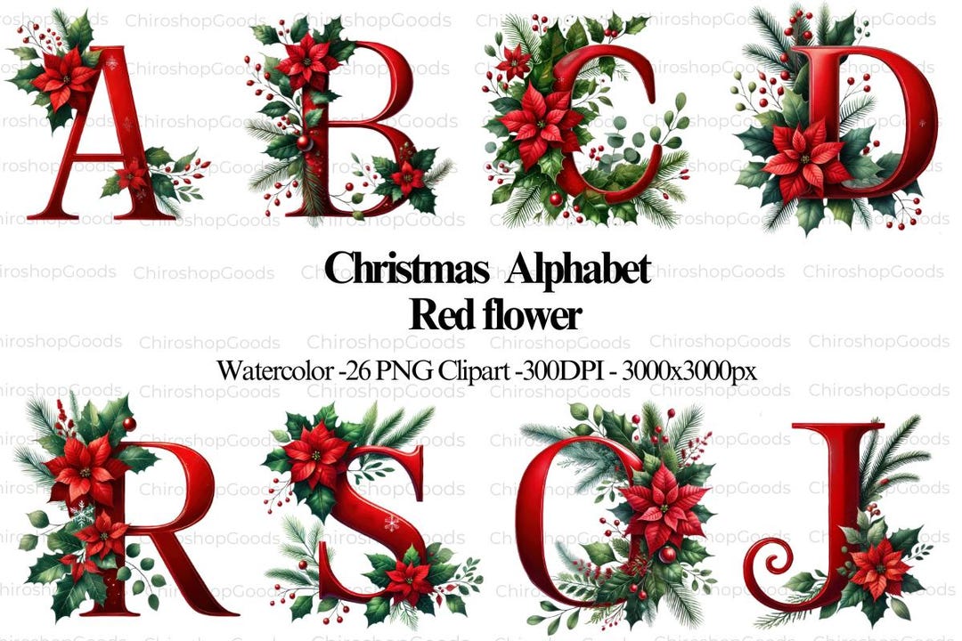 Christmas Alphabet Clipart: Red Watercolor Floral Letters (PNG Digital ...