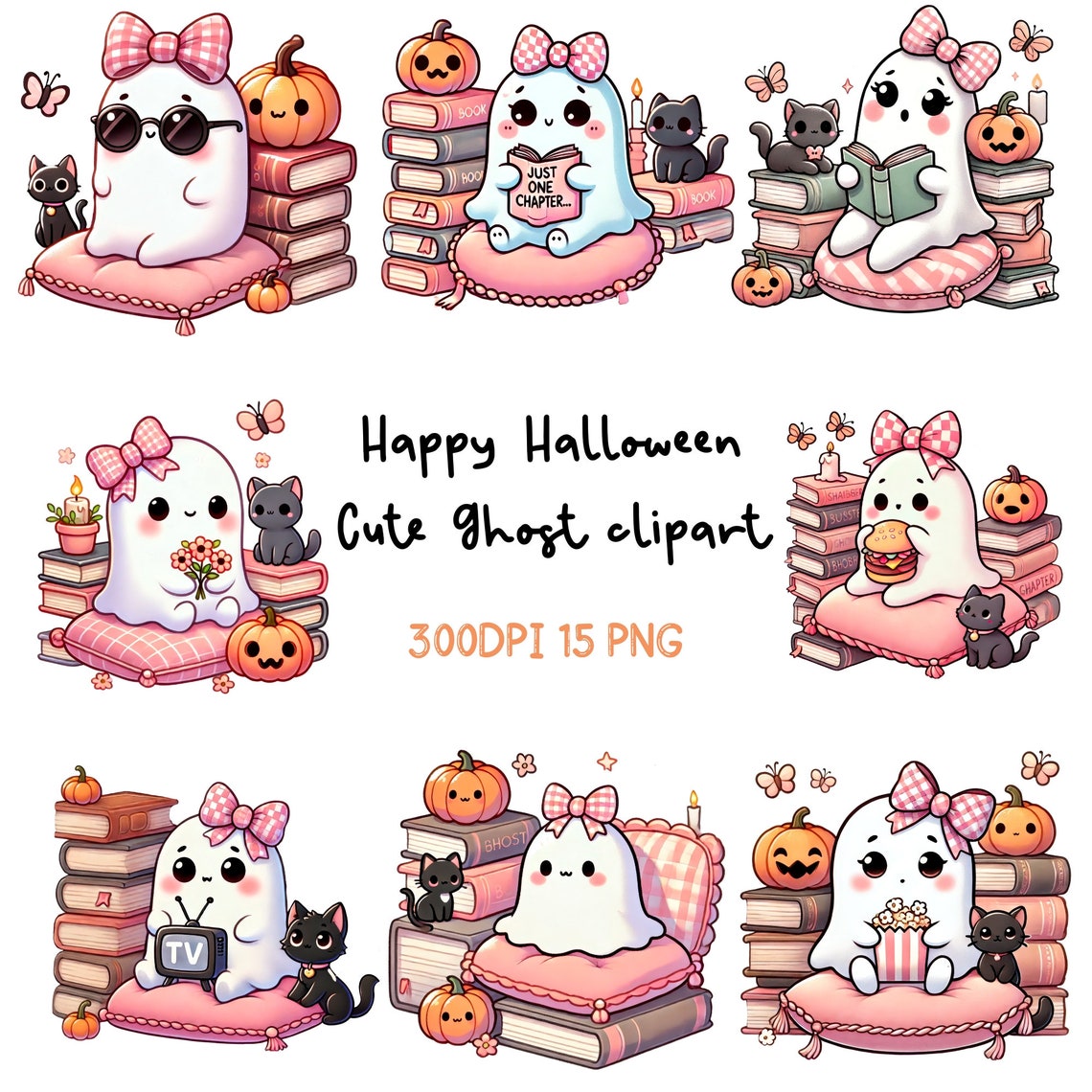 Cute Halloween Ghost Clipart, Pink Bow, PNG (commercial Use) - Etsy