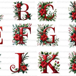 Christmas Alphabet Clipart: Red Watercolor Floral Letters (PNG Digital ...