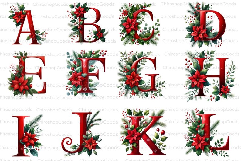 Christmas Alphabet Clipart: Red Watercolor Floral Letters (PNG Digital ...