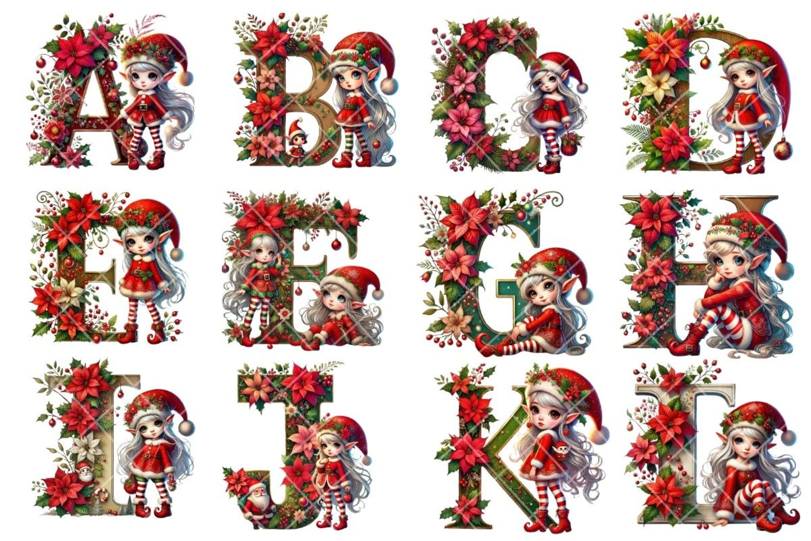 Christmas Alphabet Clipart, Elf Alphabet PNG, Festive Floral Letters ...