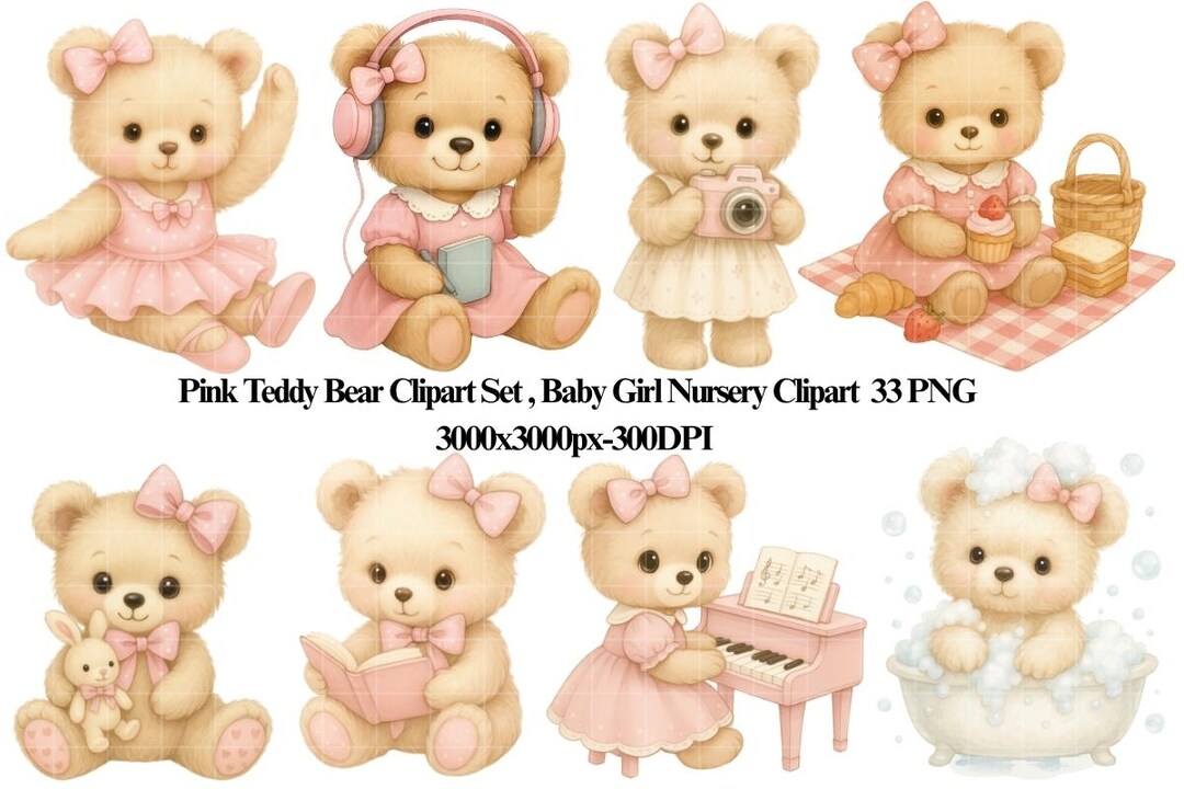 Pink Teddy Bear Clipart Set, Baby Girl Nursery, Soft Pastel ...