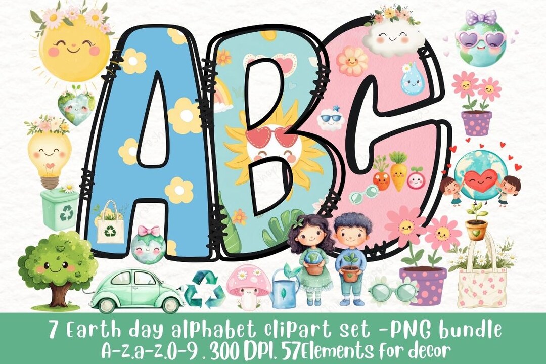 Earth Day Alphabet Clipart Set, Cute Eco Letters PNG, Floral Earth ...