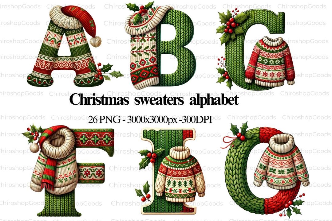 Christmas Alphabet Clipart, Holiday Sweater Letters, Watercolor ...