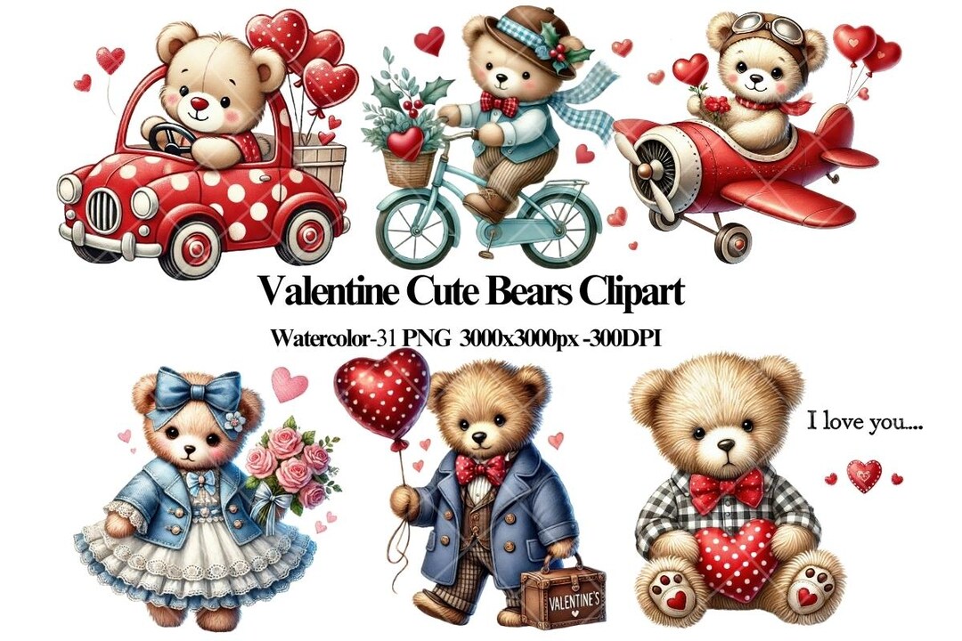 Valentine Cute Bears Clipart Set,love, Watercolor Teddy Bear ...
