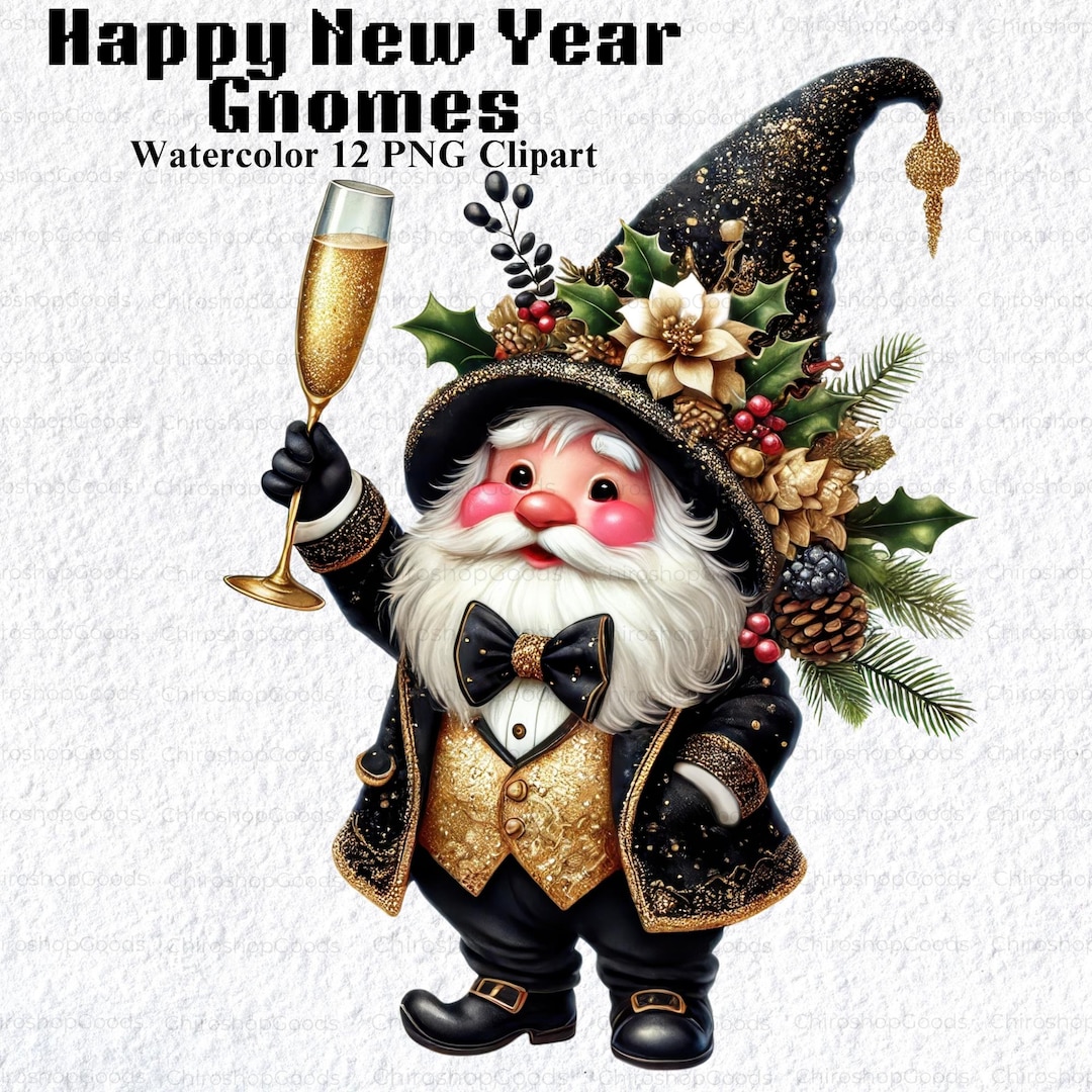 Happy New Year, Gnome Clipart, Watercolor, Festive Gnome, New Year ...