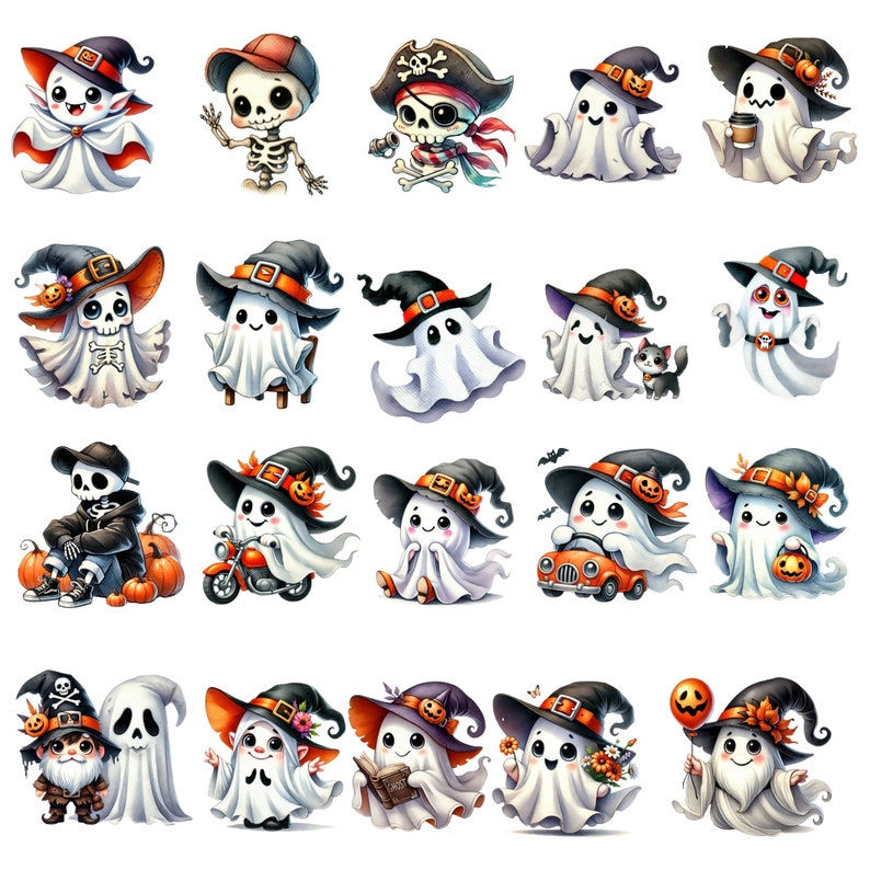 Cute Halloween Ghosts Clipart, Watercolor PNG, Commercial Use - Etsy