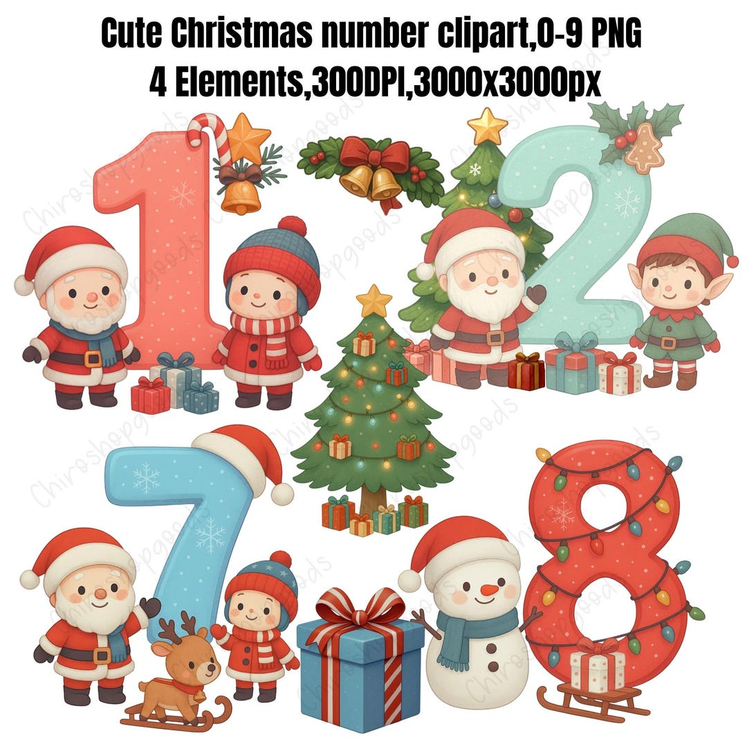 Watercolor Christmas Numbers Clipart: Santa Holiday PNG (digital ...
