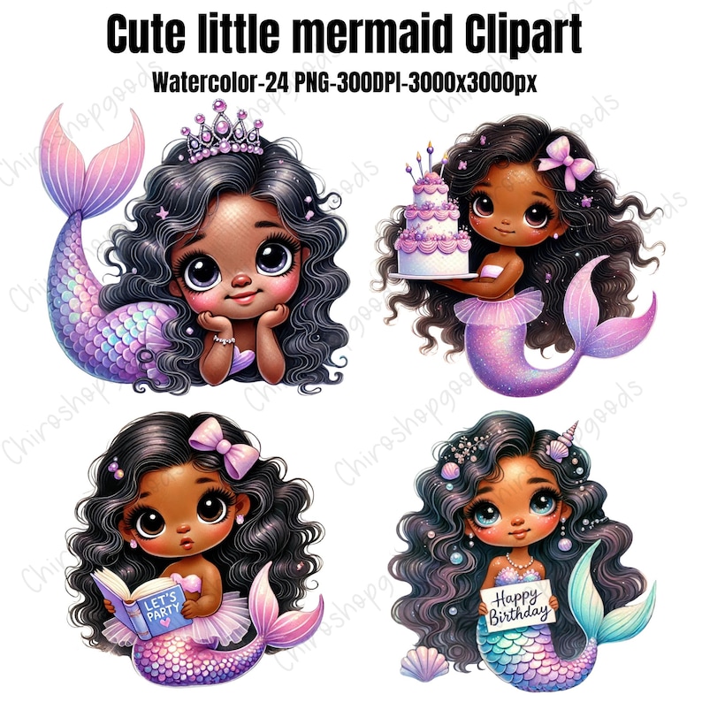 Cute African Mermaid Clipart, Birthday Mermaid, Little Mermaid, Cute ...