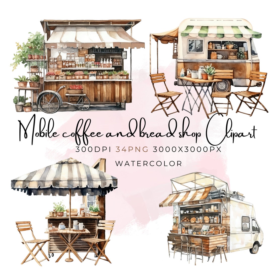 Watercolor Coffee Shop Clipart: Mobile Cafe, Retro Style (digital ...
