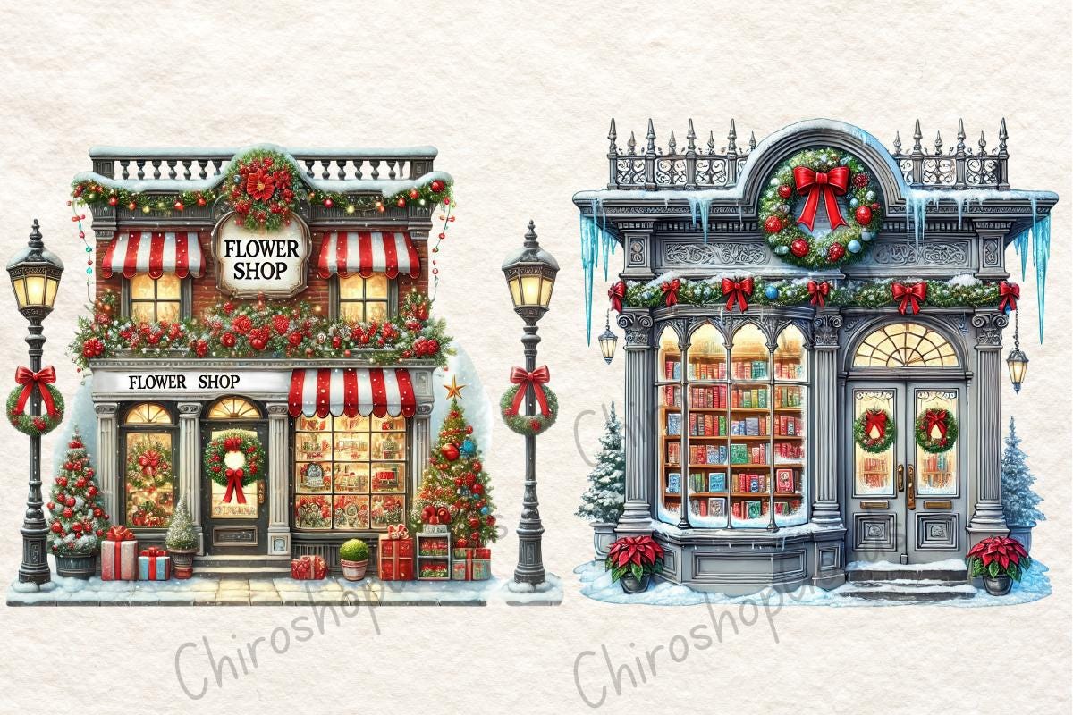 Christmas Shops Watercolor Clipart, Festive Holiday Market ...
