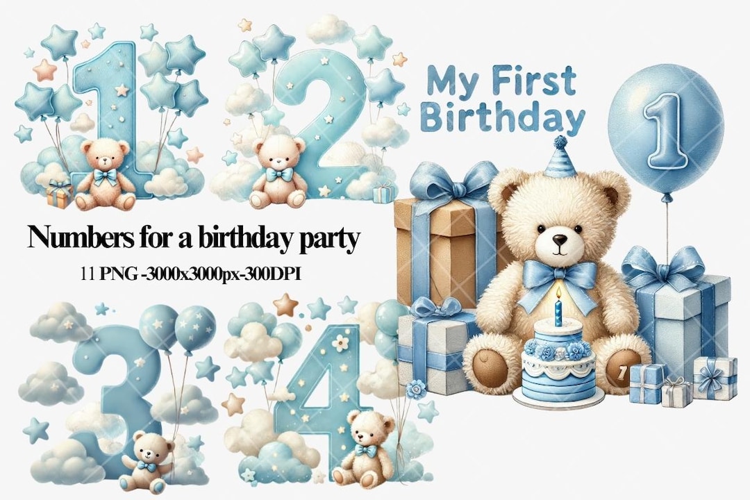 Watercolor Teddy Bear Birthday Numbers Clipart (digital Download) - Etsy