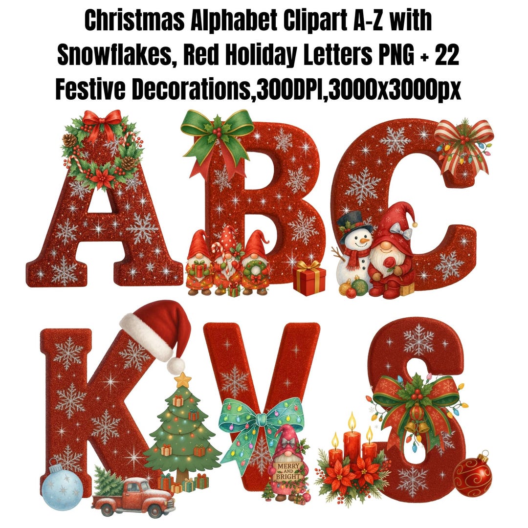 Christmas Alphabet Clipart: Red Holiday Letters With Snowflakes ...