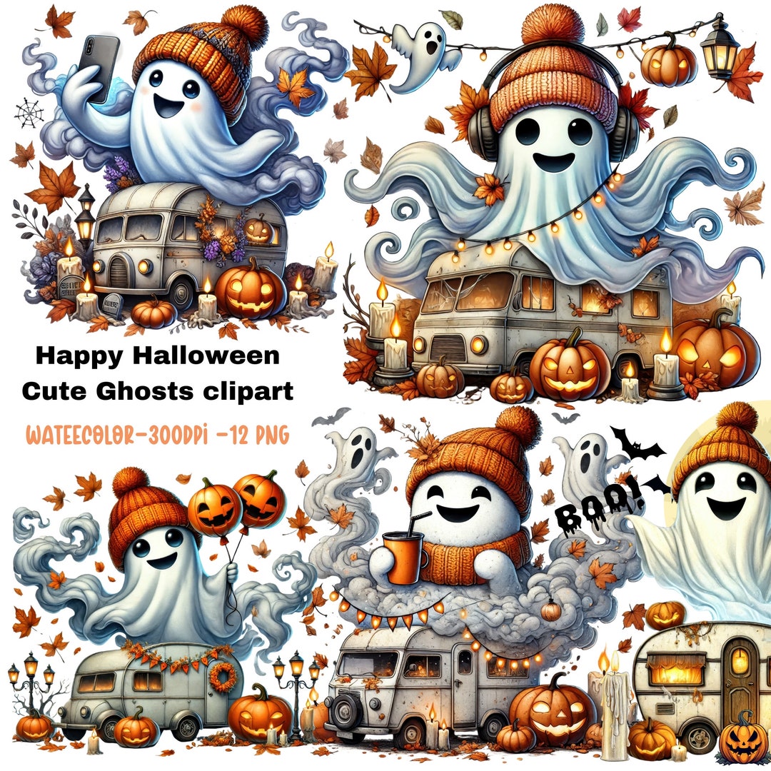 Halloween Ghosts Clipart, Cute Ghosts, PNG, Cartoon, Ghost, Happy ...