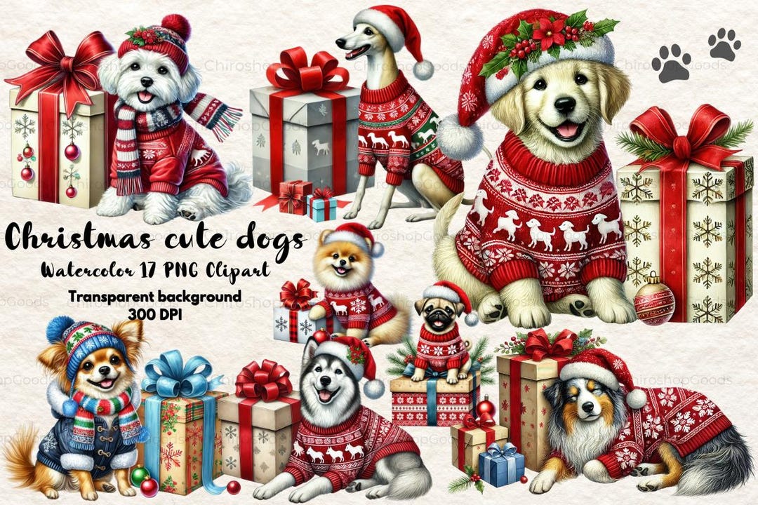 Christmas Cute Dog Watercolor Clipart, Christmas Puppy, Festive Puppy ...