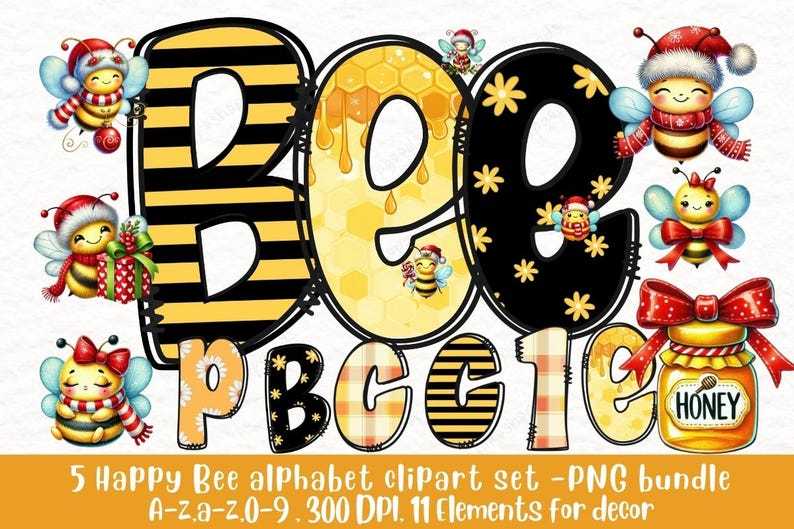 Bee Alphabet Clipart Set, Cute Bee Letters PNG, Honeycomb Digital ...
