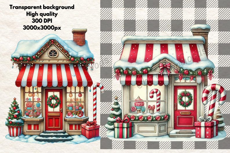 Christmas Shops Watercolor Clipart, Festive Holiday Market ...