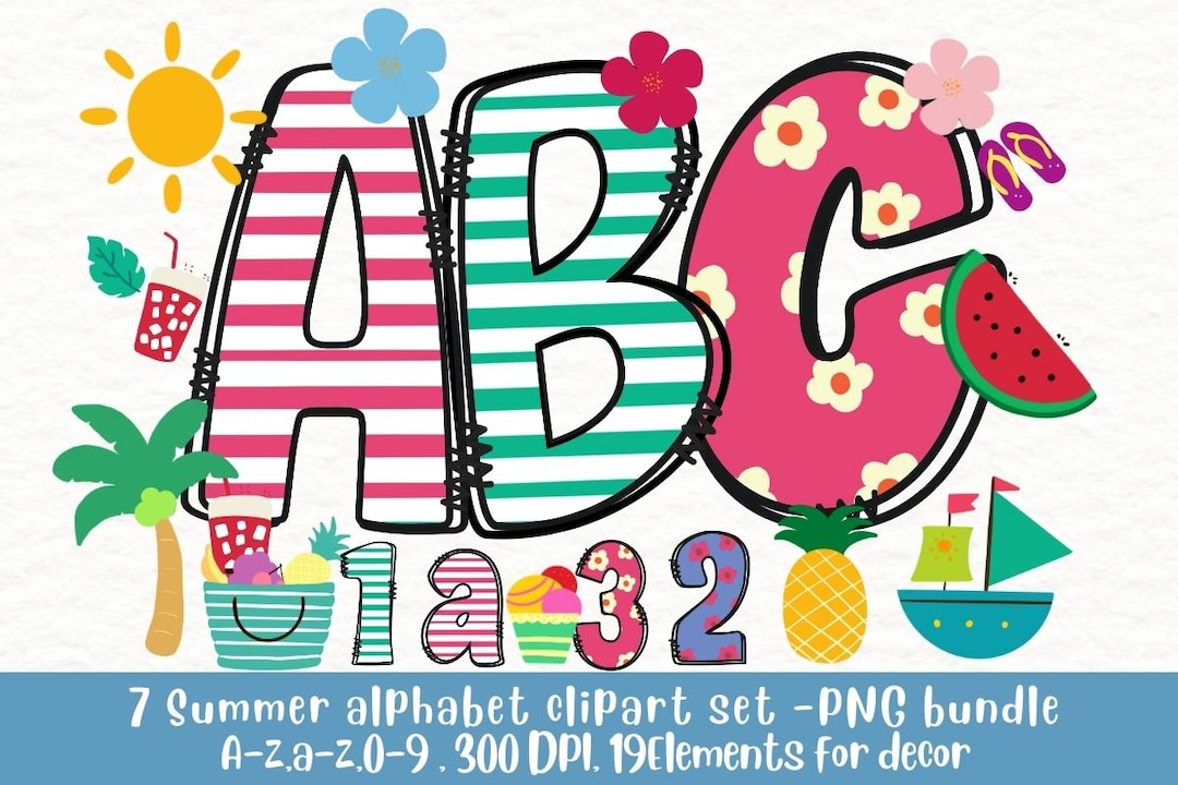 Tropical Summer Alphabet Clipart: Beach Letters & Numbers (PNG Digital ...