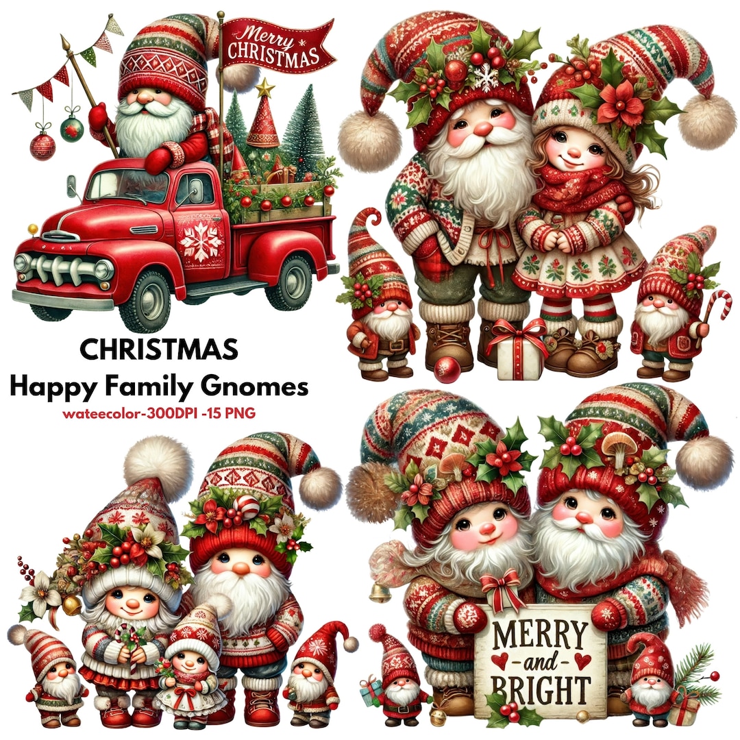 Christmas Family Gnomes, Watercolor Clipart, Family, Cute Gnome, Cozy ...
