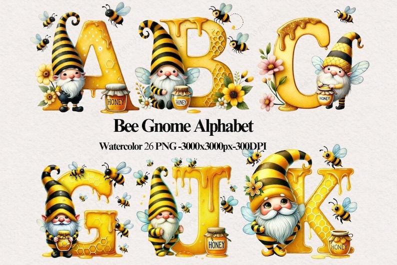 Bee Gnome Alphabet PNG Clipart, Cute Honey Gnome Letters, Watercolor ...