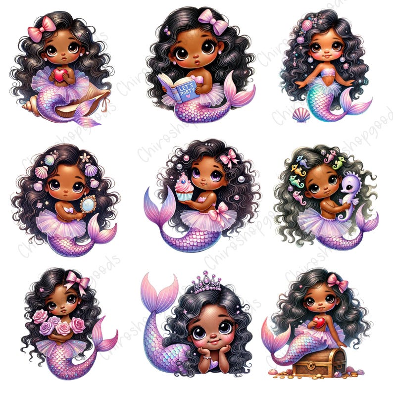 Cute African Mermaid Clipart, Birthday Mermaid, Little Mermaid, Cute ...