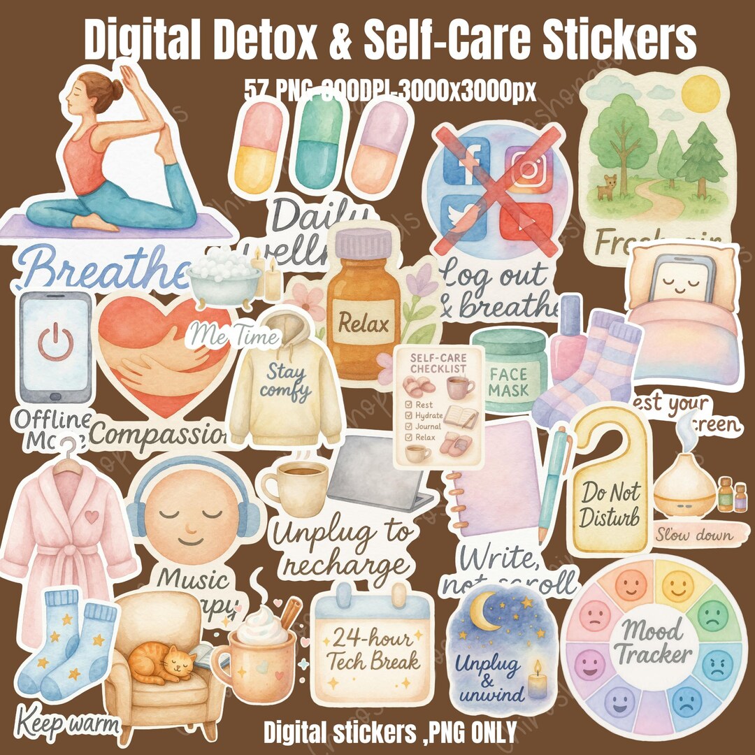Digital Detox Stickers: Watercolor Self-care PNG Bundle (digital ...